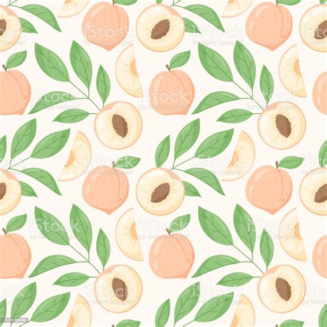 신선한 익은 복숭아 또는 천도 복숭아의 절반과 구덩이 전체 과일 나뭇 가지와 나뭇 가지 벡터 완벽 한 만화 패턴입니다 0명에 대한 스톡 벡터 아트 및 기타 이미지 Istock