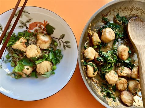 Easy Scallops With Lemongrass Greens And A Coconut Curry Sauce