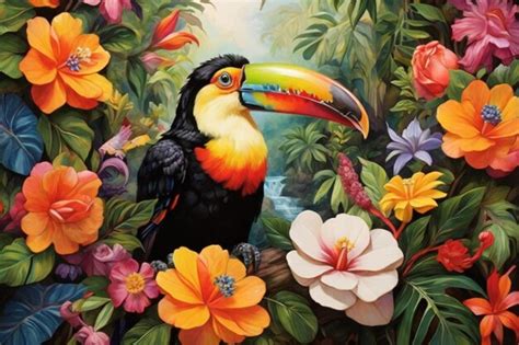 Premium Photo A Majestic Toucan With A Rainbowcolored Beak Surrounded