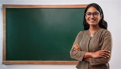 Indian Teacher Standing Near Blackboard In Classroom Premium Ai