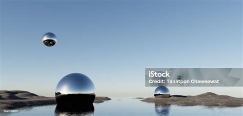 초현실적 인 아름 다운 꿈의 땅 배경입니다 기하학적 아치가 있는 겨울 시즌 풍경의 추상 모래 언덕 물과 자연 흐린 하늘이 있는 환상의 섬 풍경 금속 거울 아치3d 렌더링 0