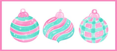 프레피 요괴 크리스마스 장식 공 파스텔 핑크와 민트 그린 수채화 핸드 페인팅 배너 그룹 강렬하고 밝은 색상에 대한 스톡 벡터 아트 및 기타 이미지 강렬하고 밝은 색상