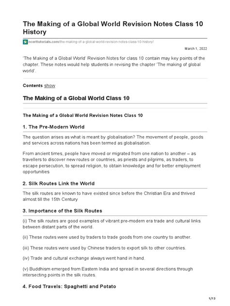 The Making Of A Global World Revision Notes Class 10 History Pdf