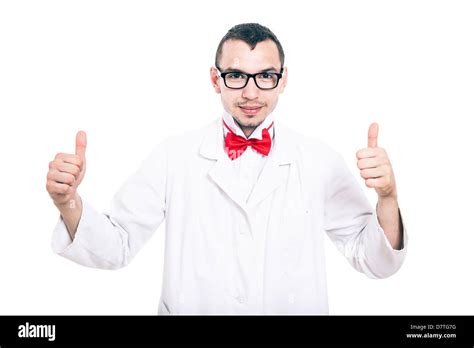 Happy Scientist In Lab Coat Showing Thumbs Up Isolated On White