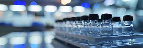 A Series Of Tiny Glass Bottles In Scientific Setting With Black Caps