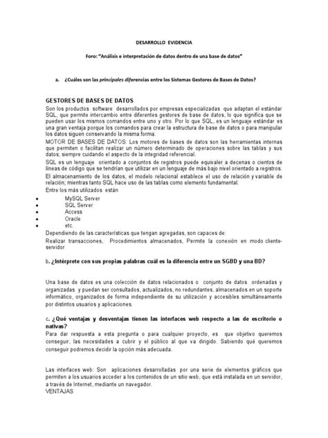 Desarrollo Evidencia Pdf Sql Bases De Datos