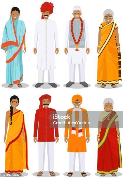 플랫 스타일에 흰색 배경에 고립 된 전통적인 의류에 다른 서 인도 노인의 집합입니다 전국 동쪽 드레스에 차이가 시니어 남성과 여성 벡터 그림입니다 개념에 대한 스톡 벡터