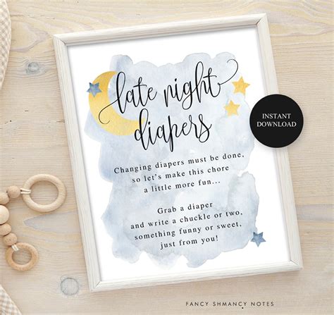 Late Night Diapers Baby Shower Game Activity Blue Over The Moon Moon And Stars Baby Shower