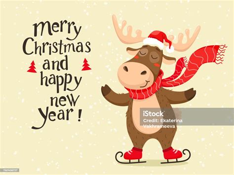 스카프 스케이트와 산타 클로스 모자를 입고 귀여운 크리스마스 사슴 필기 텍스트 문자 벡터는 눈 효과와 황토 배경에 격리 갈색에 대한 스톡 벡터 아트 및 기타 이미지 Istock