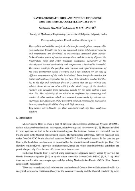 PDF Navier Stokes Fourier Analytic Solutions For Non Isothermal