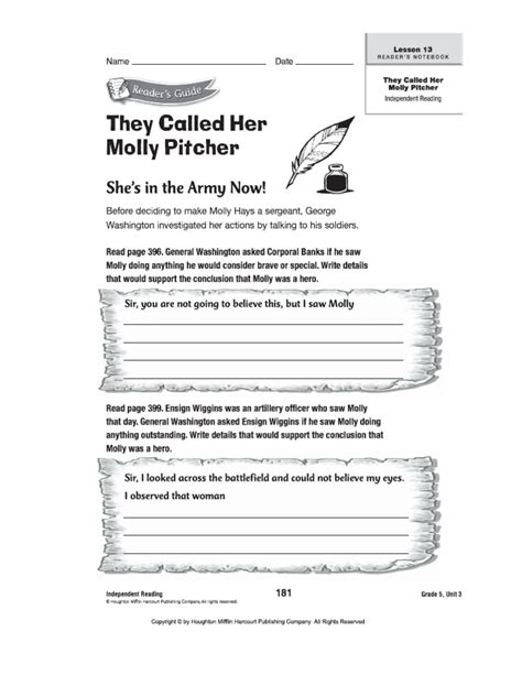 reader s notebook they called her molly pitcher pdf