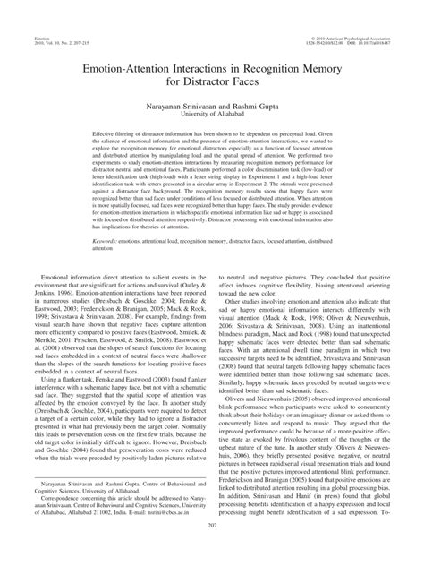 Pdf Emotion Attention Interactions In Recognition Memory For Distractor Faces