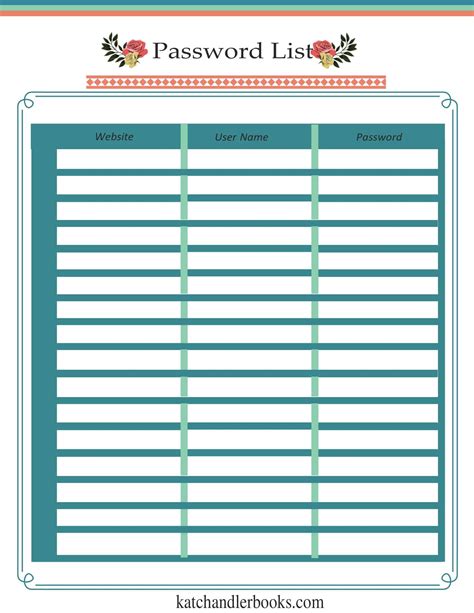 Free Printable Password List Templates Excel Pdf Alphabetical