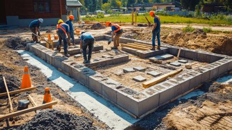 Construction Workers Building A Concrete Foundation For A House Stock