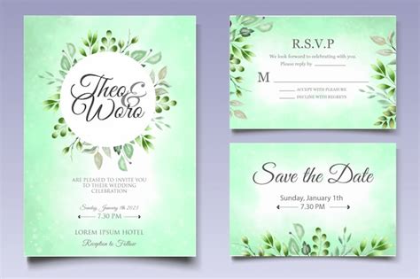 Invitación De Boda Acuarela Floral Y Plantilla De Tarjeta De Hojas