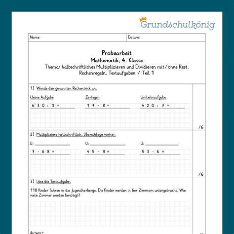 Mathe 4 Klasse Zwei Proben Halbschriftliches Multiplizieren Und D
