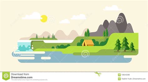 Paisagem Da Natureza Montanhas Montes Rio E Cachoeira Ilustração