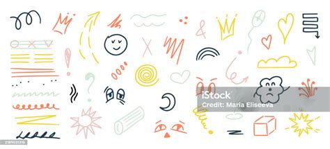 손으로 그린 벡터 요소 하트 화살표 선 별 왕관 음성 구름 꽃 강조 컬러 라인 브러시 또는 마커 낙서 밑줄 연필 스케치 그래픽 디자인에 대한 스톡 벡터 아트 및 기타 이미지