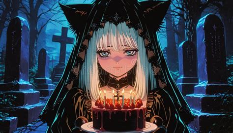 Dark Fantasy Anime Girl With Cake In Spooky Graveyard Stock Illustration Illustration Of Light