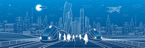 철도에 기차를 타고 역에서 승객입니다 전송 파노라마입니다 도시 인프라 배경 산업 건축에 현대 도시 화이트 라인 마 장면 벡터 디자인 아트 청사진에 대한 스톡 벡터 아트 및