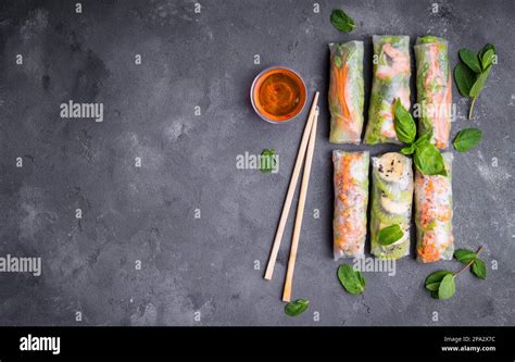 Fresh Assorted Spring Rolls Set Background Handmade Asianchinese