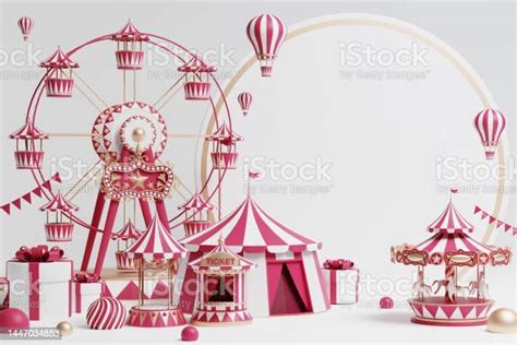 3d 놀이 공원 서커스 많은 놀이기구와 상점이 있는 카니발 박람회 테마 연단 서커스 텐트 3d 그림 기에 대한 스톡 사진 및