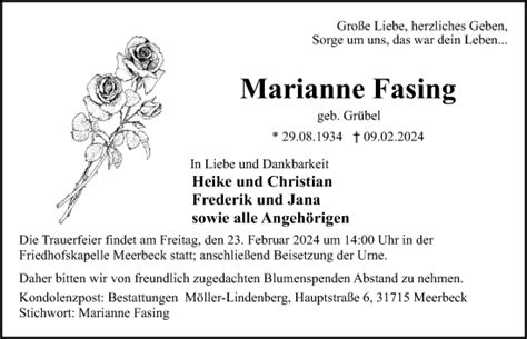 Traueranzeigen Von Marianne Fasing Trauer Anzeigende