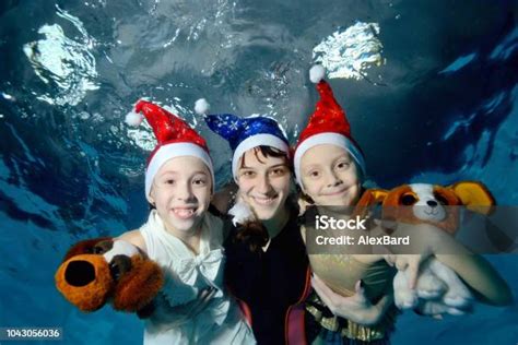 가족 어머니와 두 딸 수영 하 고 산타 클로스 장난감 개 보고 카메라를 들고 웃 고 모자에 수영장에서 수 중 재생 초상화입니다 가로 보기 가족에 대한 스톡 사진 및 기타