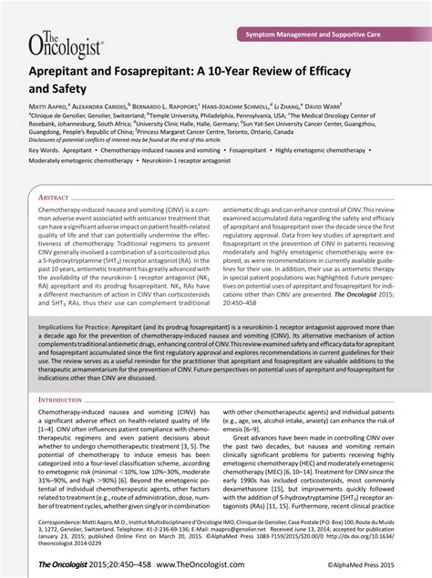 Pdf Aprepitant And Fosaprepitant A 10 Year Review Of Efficacy And Safety