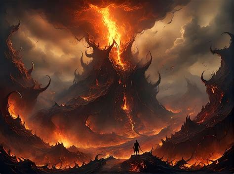 Ilustração conceitual do inferno assustador fogo imenso e vulcão em
