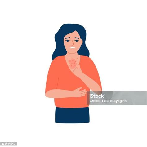 여자는 몸에 긁힘 발진 알레르기 피부에 여드름 가려운 피부 증상 여드름 질환으로 고통받는 소녀 벡터 일러스트레이션 긁음에 대한 스톡 벡터 아트 및 기타 이미지 Istock