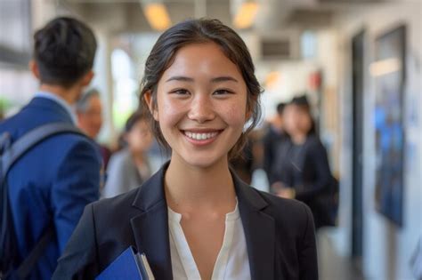 Businesswoman In A Professional Setting Smiling And Holding A Folder Premium Ai Generated Image