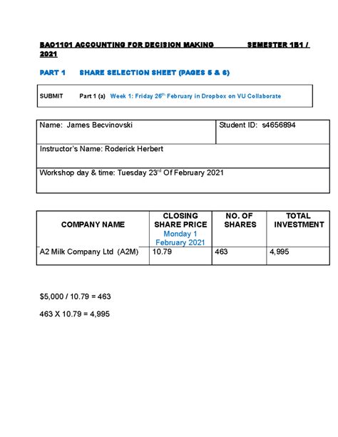 BAO1101 Accounting FOR Decision Making Semester 1B1 Assignment PRT 1