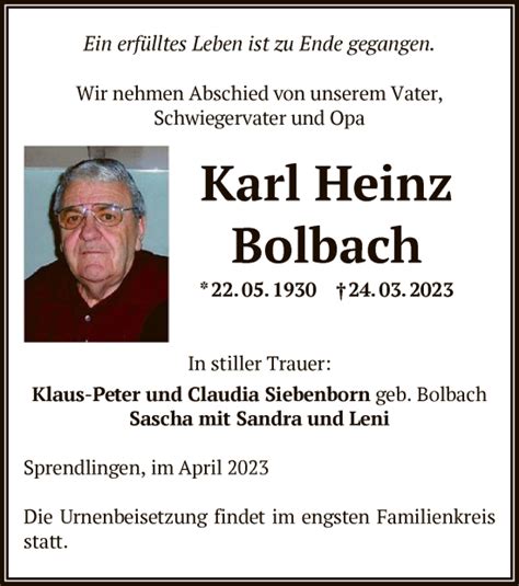 Traueranzeigen Von Karl Heinz Bolbach Trauer Op Online De