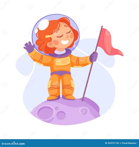 Girl Astronaut Character In Outer Space Exploring Universe Stand With Flag Vector Illustration