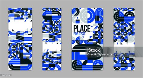 추상은 벡터 디자인 세트 기하학적 현대 미술 테마 텍스트를위한 장소가있는 배경으로 파란색 예술 적 삽화를 다룹니다 0명에 대한 스톡 벡터 아트 및 기타 이미지 Istock