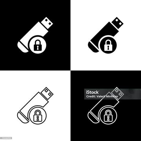 흑백 배경에 고립 된 닫힌 자물쇠 아이콘으로 Usb 플래시 드라이브를 설정 하십시오 보안 안전 보호 개념입니다 벡터 일러스트 0명에 대한 스톡 벡터 아트 및 기타 이미지