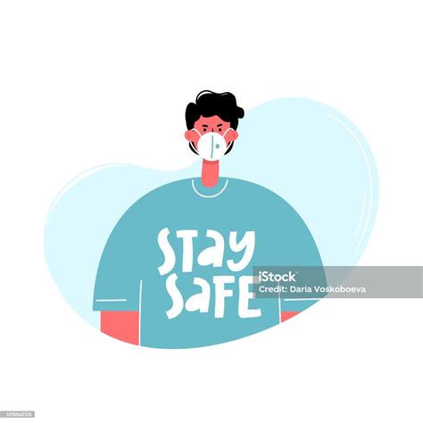 흰색 의료 얼굴 마스크에 남자 코로나바이러스 전염병 개념 안전한 글자 유지 벡터 그림입니다 의사에 대한 스톡 벡터 아트 및 기타
