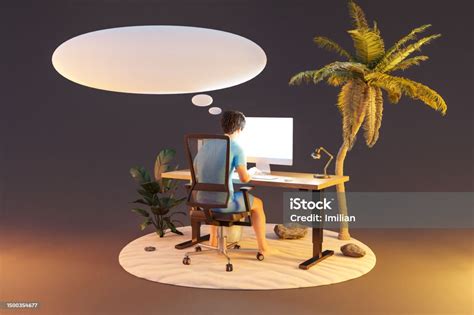 고립된 열대 섬 환경에서 Pc 사무실 작업장에 앉아 있는 남자 무한 배경 작업량 스트레스 소진 개념 3d 일러스트레이션 0명에
