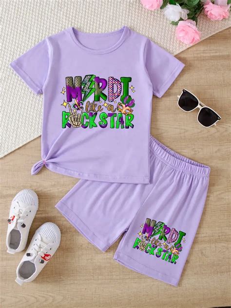 2pcs Mardi Like A Rock Star Print Short Sleeve T Shirt Shorts Set