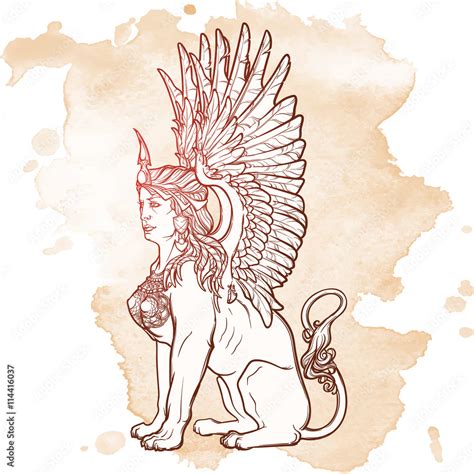 Sketch Drawing Of Sitting Sphinx Isolated On Grunge Background Stock Vector Adobe Stock
