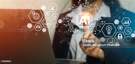 ai 기계 학습 디지털 트랜스포메이션 비즈니스 기술 iot 사물 인터넷 가상 화면 ai 아이콘을 누르는 노트북을 가진 사업가