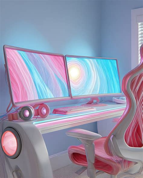 Modern Workspace Featuring Dual Monitors And Ergonomic Chair With Soft Ambient Lighting Stock