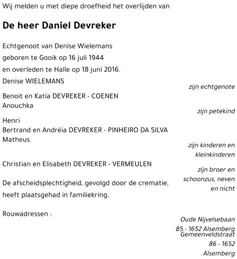 Avis De Décès De Daniel Devreker Décédé Le 18062016 à Halle Annonce Condoléances Fleurs