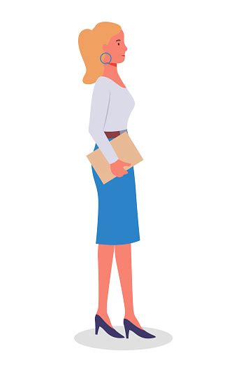 그녀의 손 벡터 일러스트에 종이 문서를 들고 전체 높이에 서 있는 사업가 가공의 인물에 대한 스톡 벡터 아트 및 기타 이미지