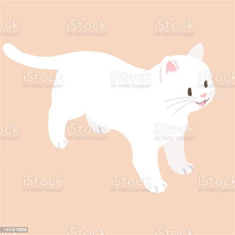 흰색 고양이 웃는 평면도 플랫의 간단하고 사랑스러운 그림 걷기에 대한 스톡 벡터 아트 및 기타 이미지 걷기 고양이 새끼