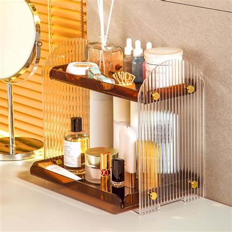 2 Tier Amber And Clear Acrylic Bathroom Storage Rack Makeup Cosmetic
