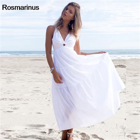 Solid White Beach Dress 2018 Women Halter V Neck Sleeveless Hole Front