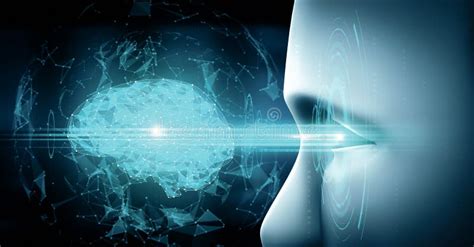 Mlp Robot Humanoid Face Close Up With Graphic Concept Of Ai Thinking Brain Stock Illustration