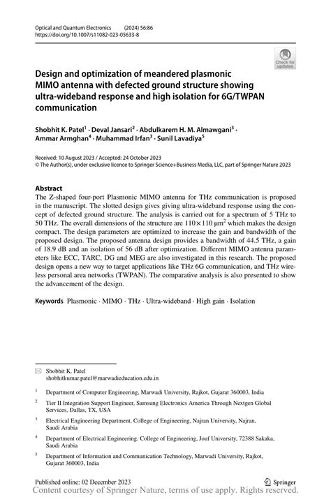 Design And Optimization Of Meandered Plasmonic Mimo Antenna With Defected Ground Structure